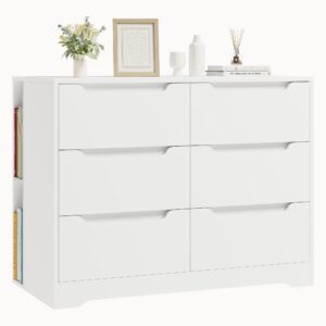 hostack 6 drawer dresser, white dresser with 4 cubbies, wood chest of drawers with cut-out handles, modern storage chest with 20" deep tabletop for living room, hallway, entryway