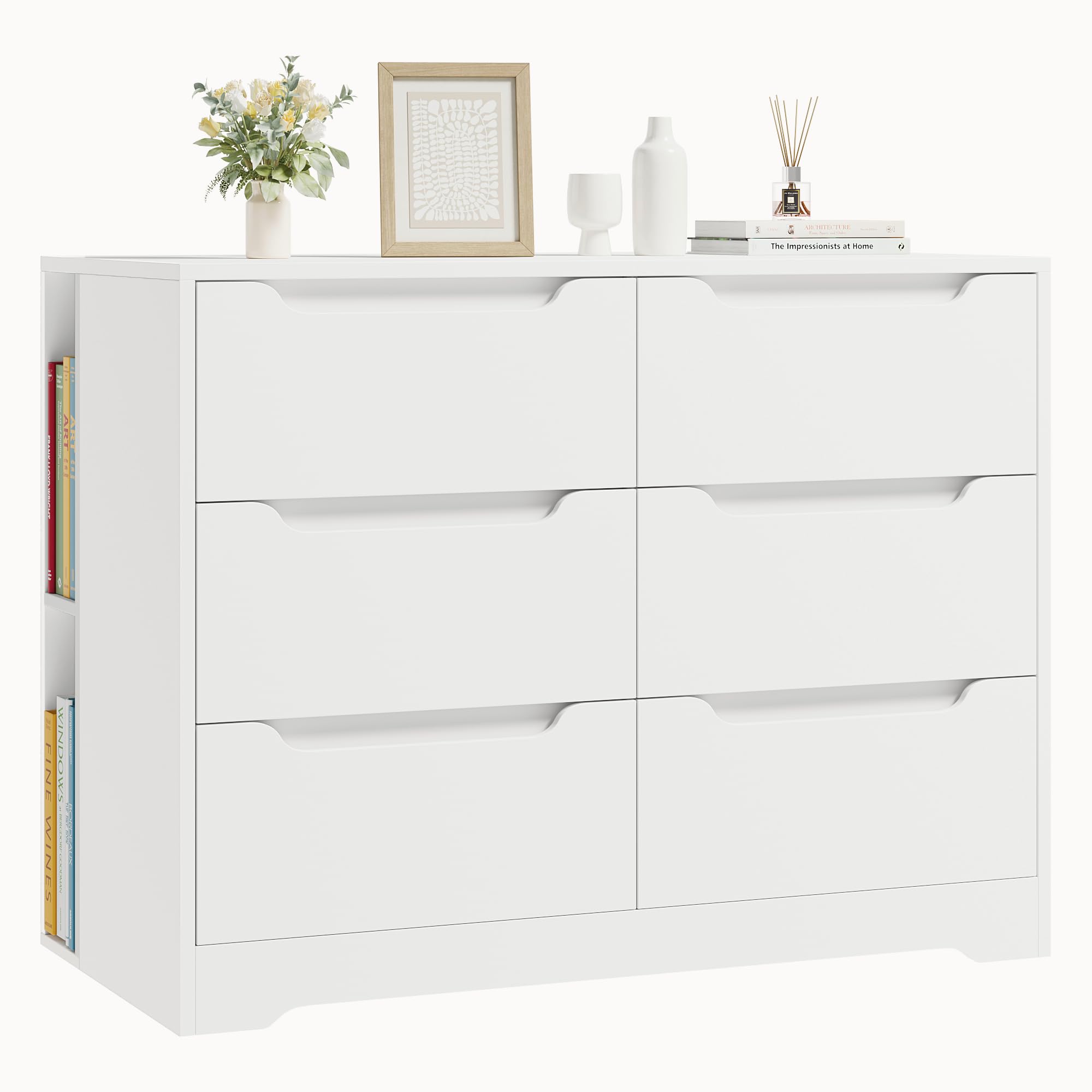 HOSTACK 6 Drawer Dresser, White Dresser with 4 Cubbies, Wood Chest of Drawers with Cut-Out Handles, Modern Storage Chest with 20" Deep Tabletop for Living Room, Hallway, Entryway