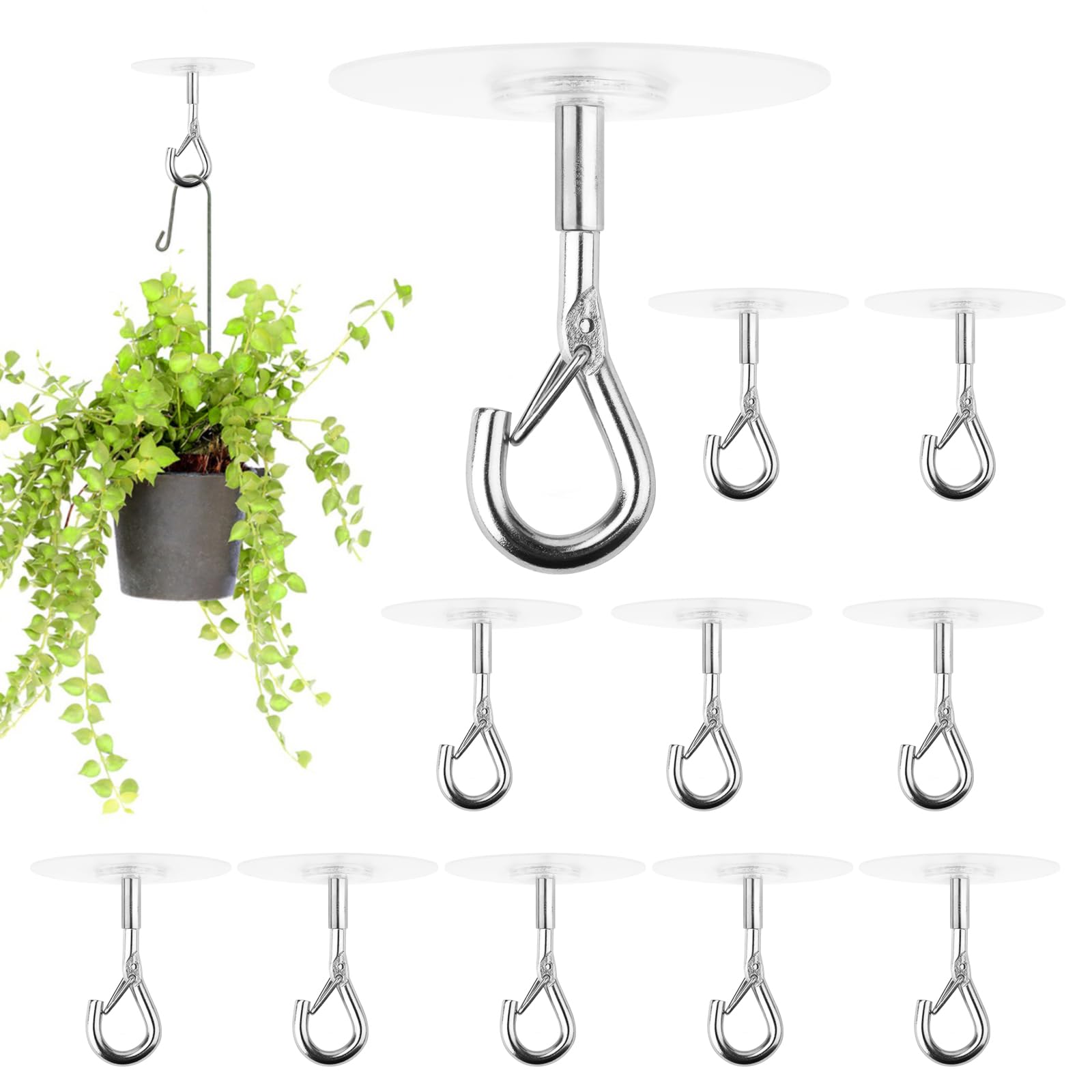 12 Pcs Self Adhesive Ceiling Hooks No Drilling Ceiling Hooks Stainless Steel Eye Hooks for Hanging Small Plants Wind Chimes, Secure/Enclosed Design, Easy to Open