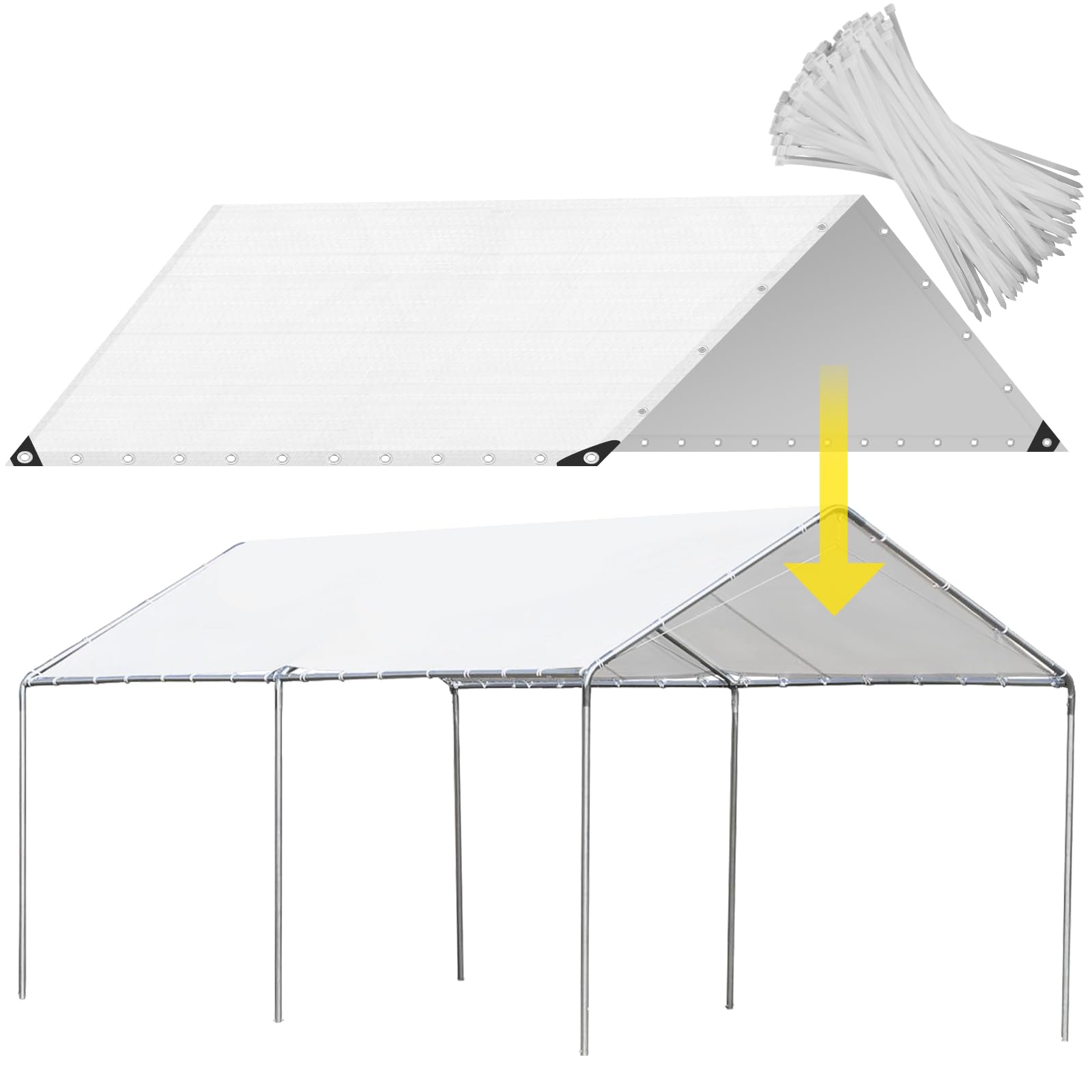 12x20 Ft Carport Canopy Replacement Cover for Canopy Tent Car Tent Garage Shelter Top Tarp White Portable Carport with 120lbs Tensile Strength Ties (Only Top Cover, Frame is not Included)