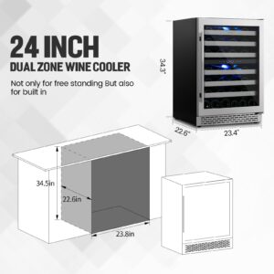 VINECOLD 24" Wine Cooler Refrigerator Dual Zone 54 Bottle Capacity, Seamless Reversible Doors,Shelves Stainless Steel Edged, Built-in or Freestanding Wine Cooler for Home and Kitchen