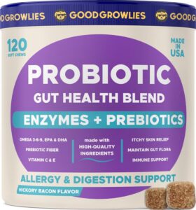 goodgrowlies probiotics for dogs + digestive enzymes - omega & pumpkin - gut health & immunity support - relieves diarrhea, gas, constipation, improve digestion - made in usa - 120 ct - beef bacon