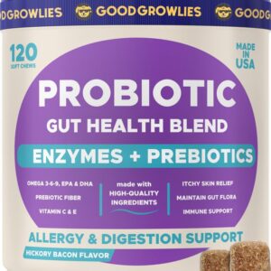 GOODGROWLIES Probiotics for Dogs + Digestive Enzymes - Omega & Pumpkin - Gut Health & Immunity Support - Relieves Diarrhea, Gas, Constipation, Improve Digestion - Made in USA - 120 ct - Chicken Liver