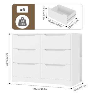 HOSTACK 6 Drawer Dresser, White Dresser with 4 Cubbies, Wood Chest of Drawers with Cut-Out Handles, Modern Storage Chest with 20" Deep Tabletop for Living Room, Hallway, Entryway