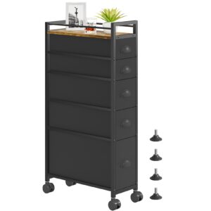 laszola 5 drawer narrow dresser slim cabinet skinny storage tower chest, ideal for small spaces bathroom bedroom, between washer and dryer, lightweight mobile on wheels, sturdy fabric drawers, black