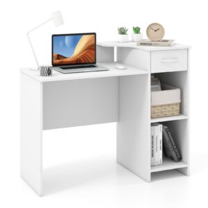 giantex computer desk with storage, modern pc laptop table with 5-position adjustable shelf, drawer & cable hole, compact study writing desk workstation for small spaces home office, white