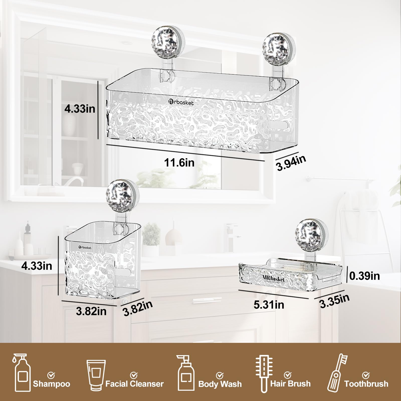 oewyrou 4pcs Clear Shower Caddy No Drill Clear Wall Caddy Suction Cup Luxury Suction Storage Rack Clear for Bathroom Kitchen