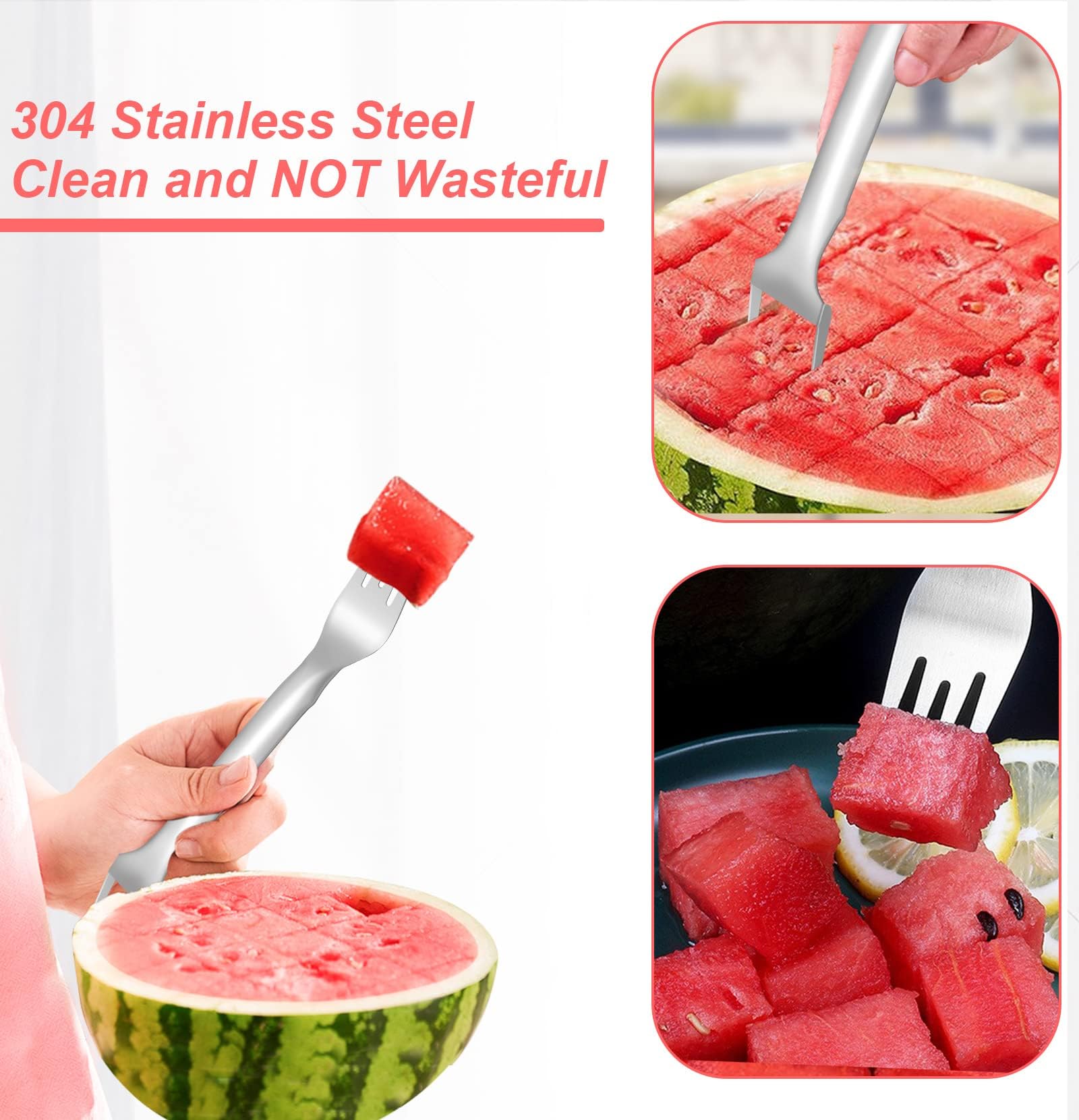 2-in-1 Stainless Steel Fruit Cutter, 2024 New Watermelon Slicer Cutter Summer Watermelon Fruit Cutting Fork, Stainless Steel Fruit Forks Slicer Knife for Home Kitchen Gadget (1)