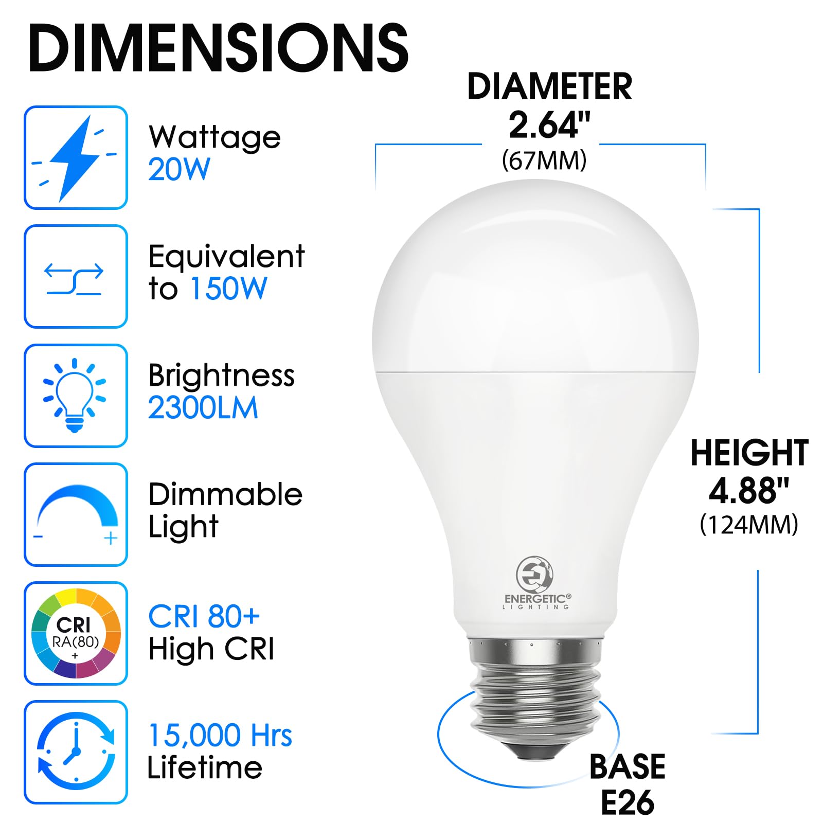 Energetic Dimmable LED Bulb, 150 Watt Equivalent, Super Bright A21 Light Bulb, Daylight 5000K, 2300LM, Brightest LED Bulbs, E26 Standard Base, Damp Rated, ETL Listed, 2-Pack