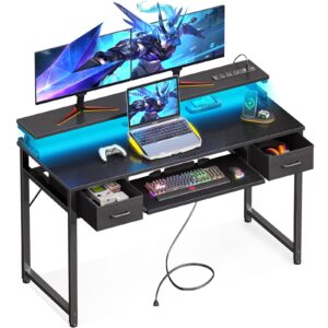 odk gaming desk with led lights and power outlet, 48 inch computer desk with drawers and keyboard tray, pc desk with monitor stand, work desk for home office, black