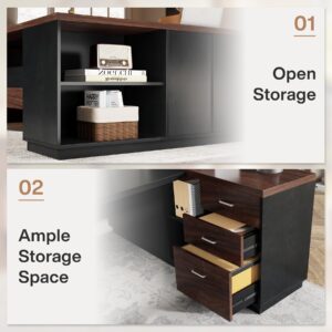 Tribesigns 78" L-Shaped Executive Desk, Large Office Desk with Drawers and Lateral File Cabinet, Business Furniture with Storage Shelves, Modern Computer Desk for Home Office, Walnut & Black