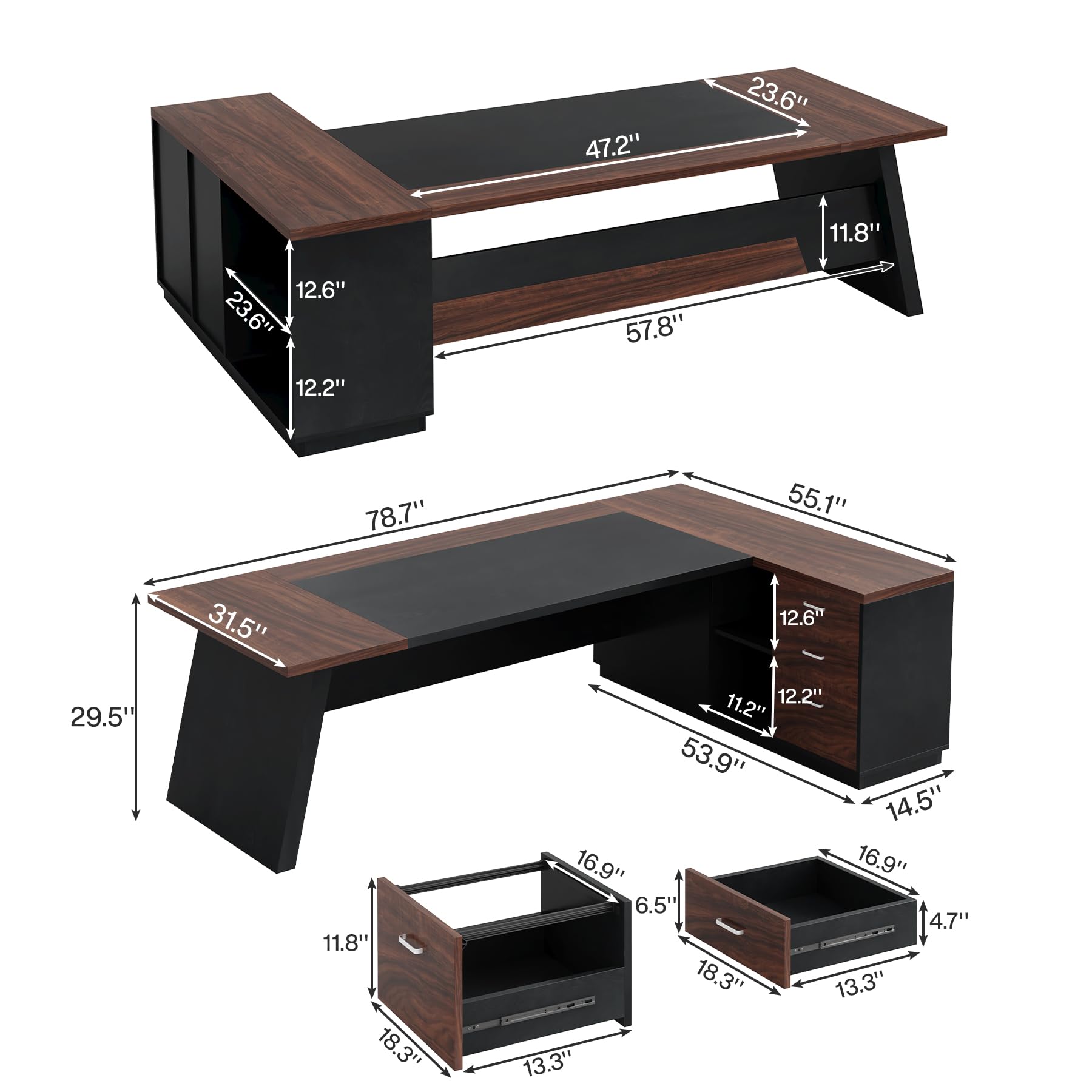 Tribesigns 78" L-Shaped Executive Desk, Large Office Desk with Drawers and Lateral File Cabinet, Business Furniture with Storage Shelves, Modern Computer Desk for Home Office, Walnut & Black