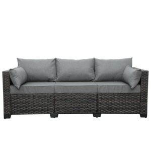 3-seat patio pe wicker couch furniture outdoor brown rattan sofa with washable cushions(grey)