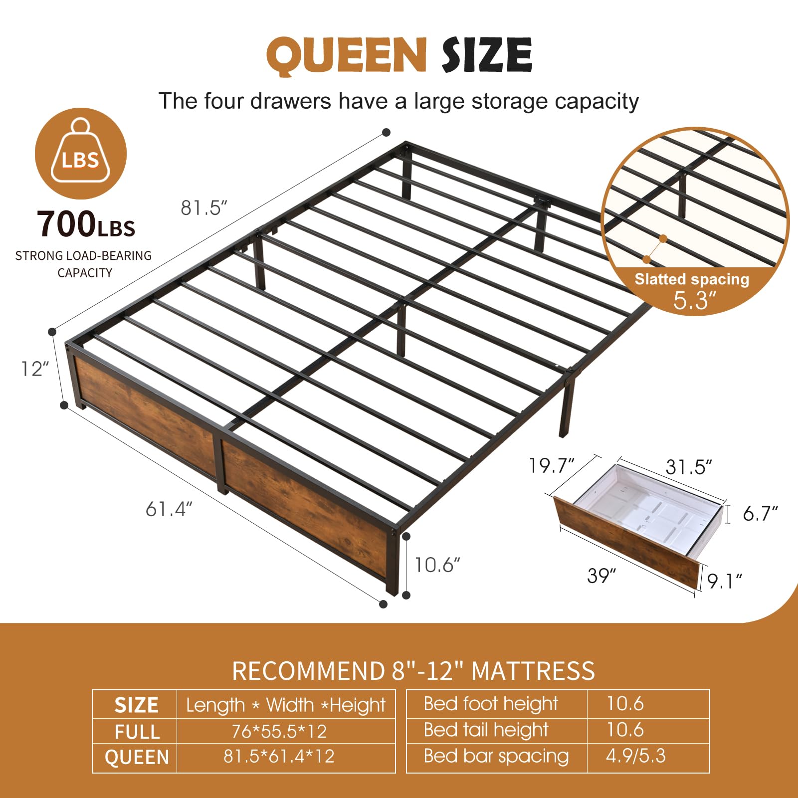 HCZCZX Queen Size Metal Bed Frame with Storage Drawers, no Box Spring Required, Easy to Assemble and noiseless (Queen)