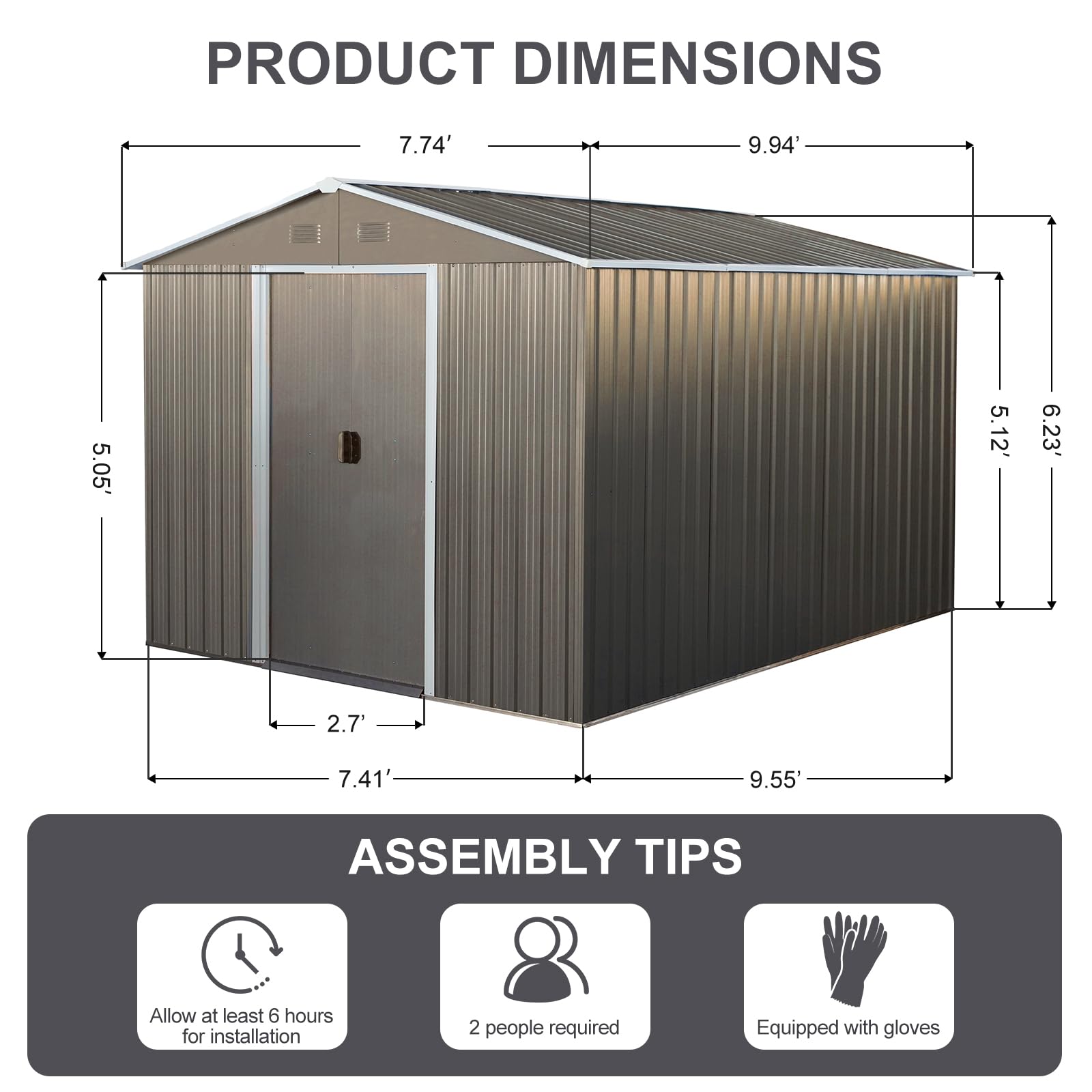 Morflys 8x10ft Outdoor Metal Storage Shed Large Garden Tool Metal Shed with Sloping Roof and Double Lockable Door, Outdoor Shed for Backyard Garden Patio Lawn, Brown