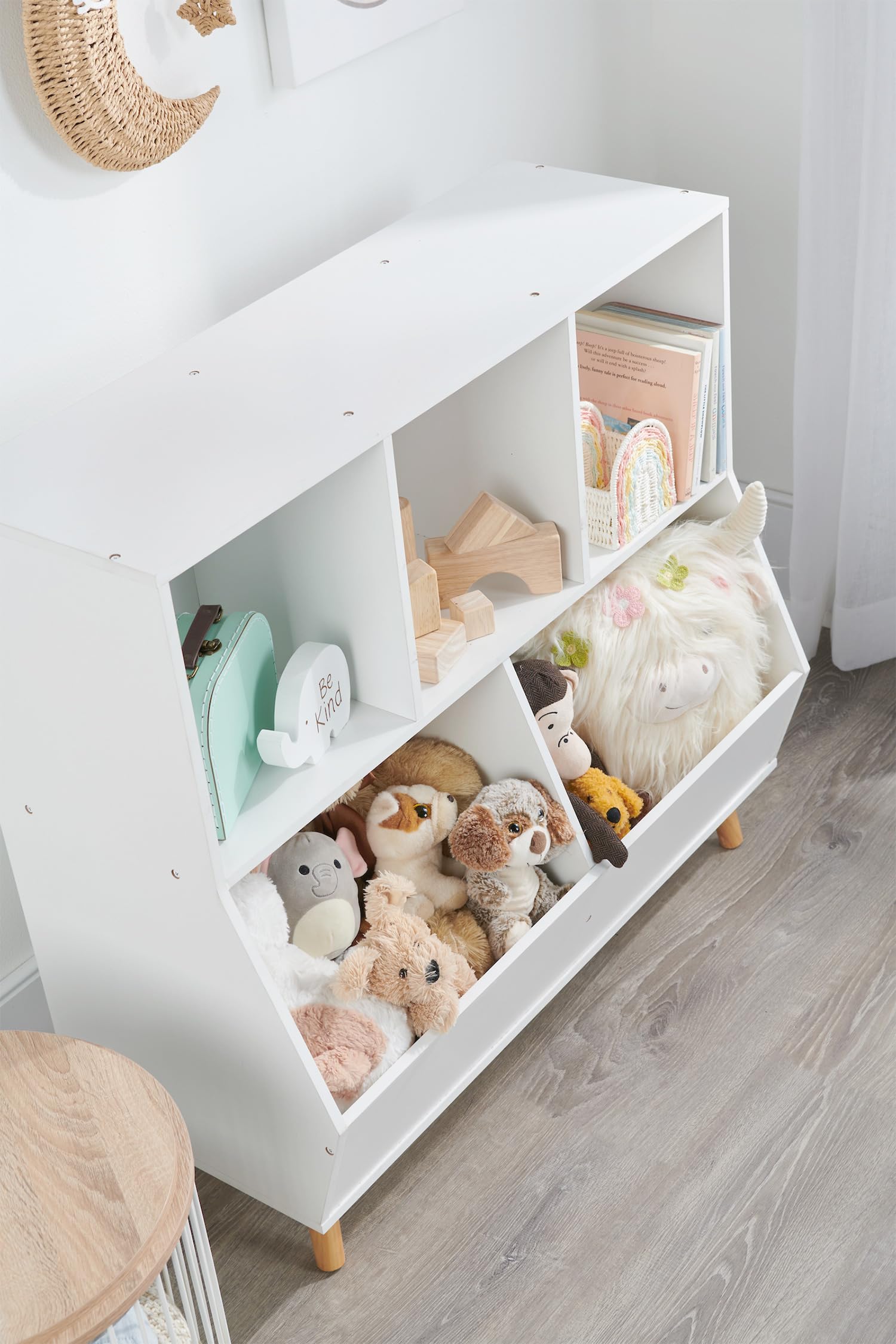 Badger Basket Kid's Bookshelf and Toy Organizer, 5-Bin Wooden Toy Storage with Feet - Fresh White