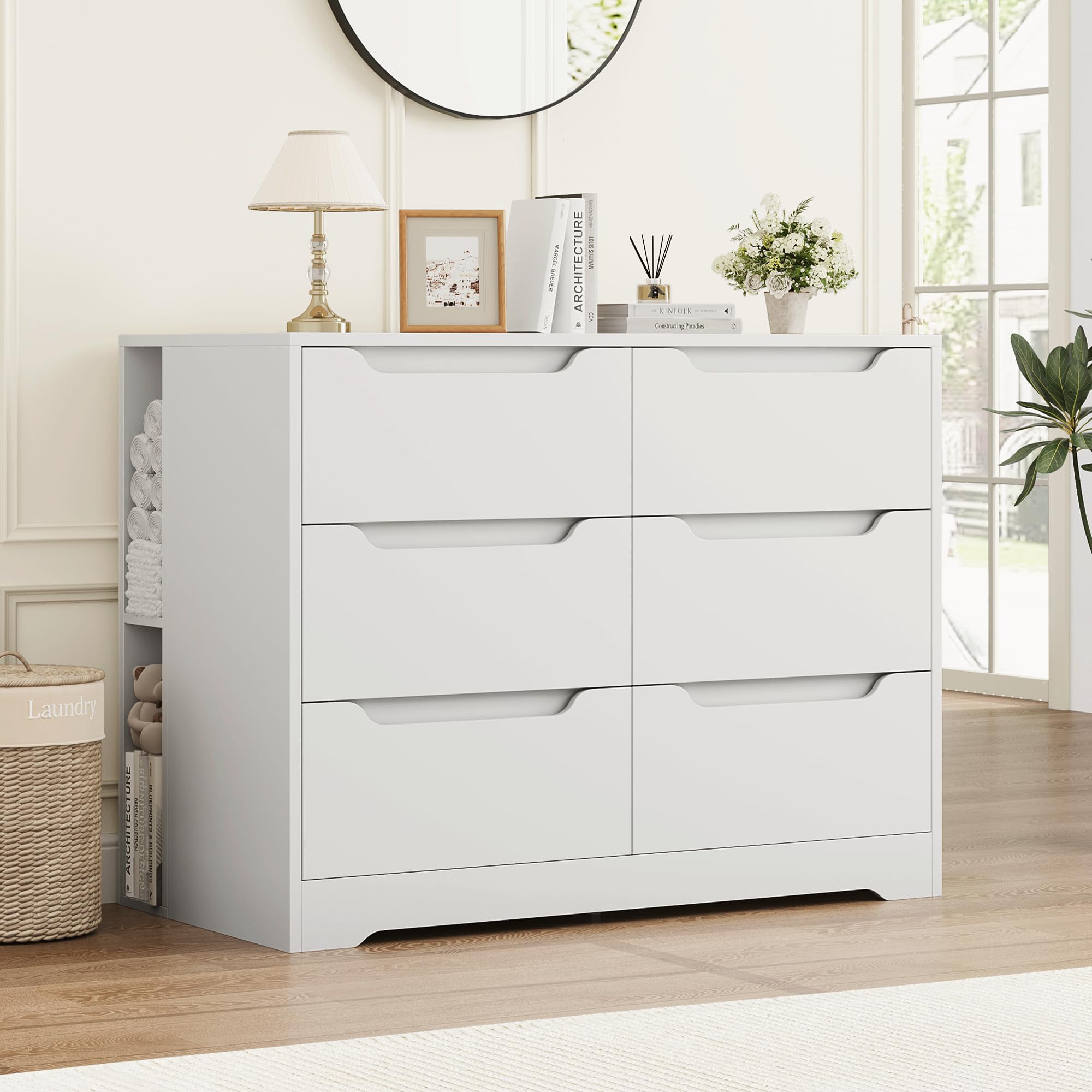 HOSTACK 6 Drawer Dresser, White Dresser with 4 Cubbies, Wood Chest of Drawers with Cut-Out Handles, Modern Storage Chest with 20" Deep Tabletop for Living Room, Hallway, Entryway