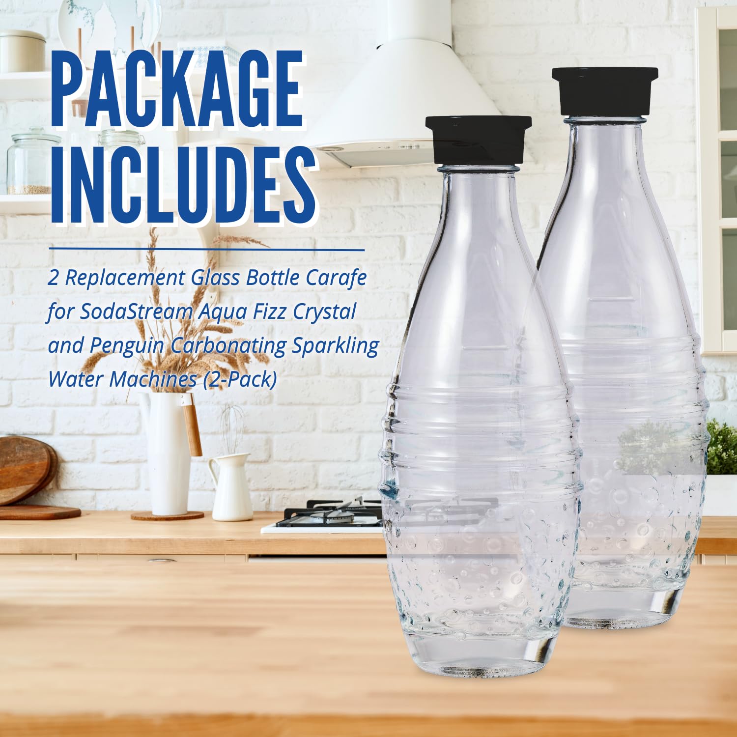 2 Glass Bottles for (NOT INTERCHANGEABLE WITH PLASTIC) SodaStream Aqua Fizz, Crystal and Penguin Carbonating Sparkling Water Machines