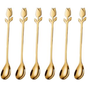 sgvrpvz gold tulip/rose handle tea spoons 6-pcs set - 6" stainless steel for mini coffee spoons, espresso, dessert - ideal for demitasse & small servings