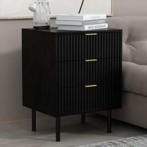 conifferism fluted black nightstand 3 drawers, 19" small bedroom 26" tall bedside night stand, mid century modern bed side couch end table living room, light gold handle