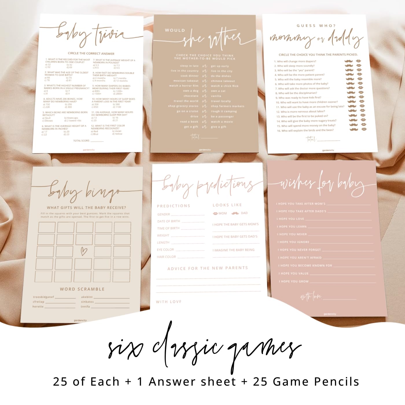 Baby Shower Games - Set of 6 Boho Baby Shower Games for 25 Guests, Boy or Girl, Double-Sided Cards, Gender Neutral