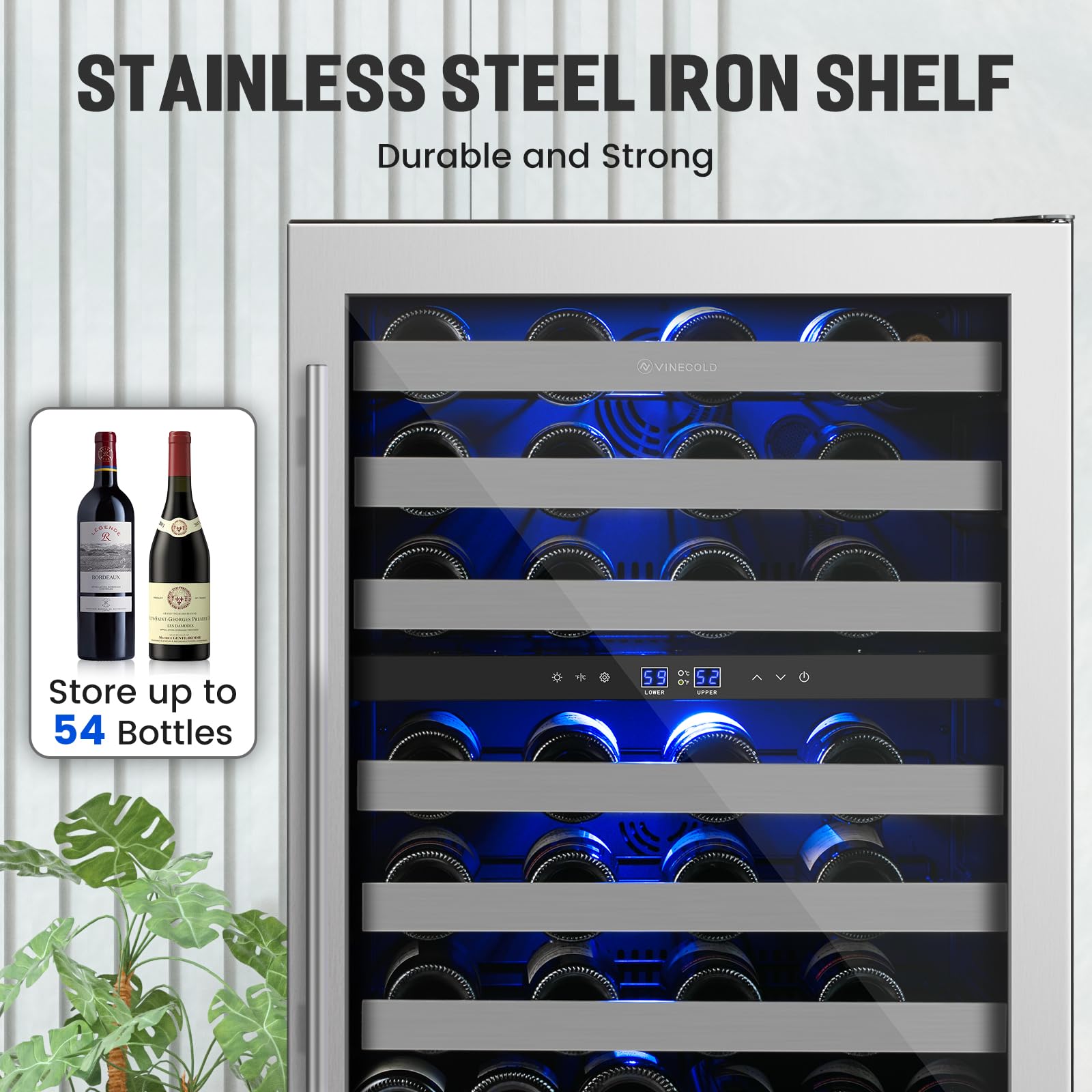 VINECOLD 24" Wine Cooler Refrigerator Dual Zone 54 Bottle Capacity, Seamless Reversible Doors,Shelves Stainless Steel Edged, Built-in or Freestanding Wine Cooler for Home and Kitchen