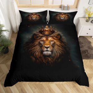 comforter cover full size, king lion golden print bedding set black 3d lion animal print duvet cover, crown lion african wildlife bedspread cover for kids and adults baby boy gifts