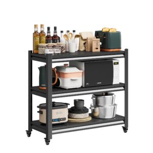 topass storage shelves, bakers rack with wheels, 3-tier metal shelving unit with wheels for kitchen garage office, kitchen stand with adjustable rack (18" d x 34" w x 32" h)