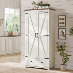 luxoak farmhouse kitchen pantry cabinet, 72" tall storage cabinet with adjustable shelves & barn doors, freestanding kitchen cupboard for dining room, living room, barnwood+white