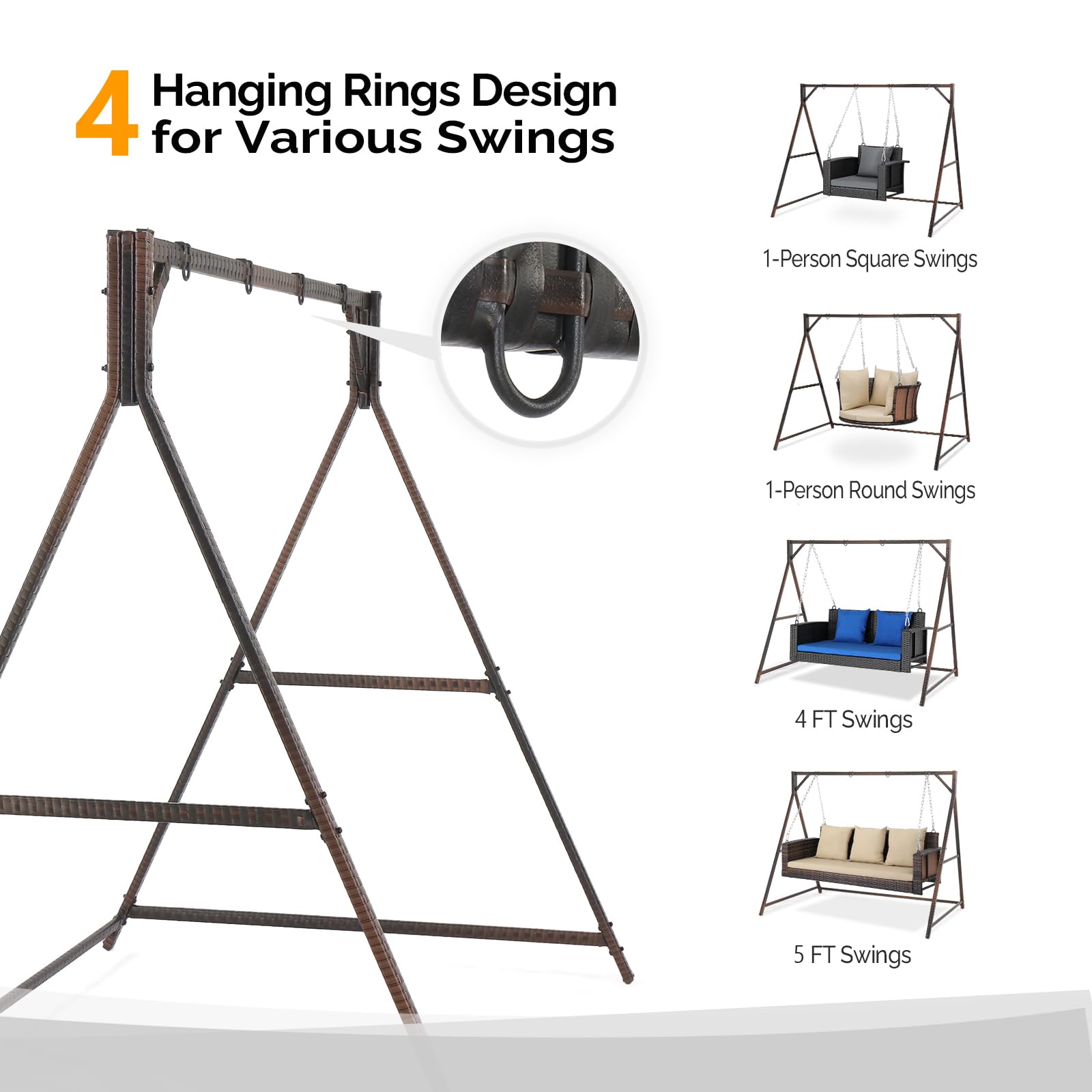 VINGLI 7 FT Rattan Porch Swing Stand, Patio Swing Frame Support 1200 LBS for Outdoors, Yard, Garden, Brown