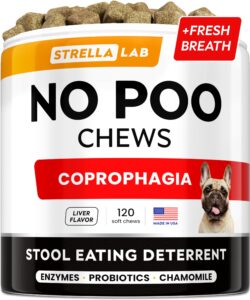 strellalab no poo chews for dogs - coprophagia stool eating deterrent - no poop eating for dogs - digestive enzymes - gut health & immune support - stop eating poop - chicken liver flavor 120chews