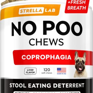 STRELLALAB No Poo Chews for Dogs - Coprophagia Stool Eating Deterrent - No Poop Eating for Dogs - Digestive Enzymes - Gut Health & Immune Support - Stop Eating Poop - Chicken Liver Flavor 120Chews