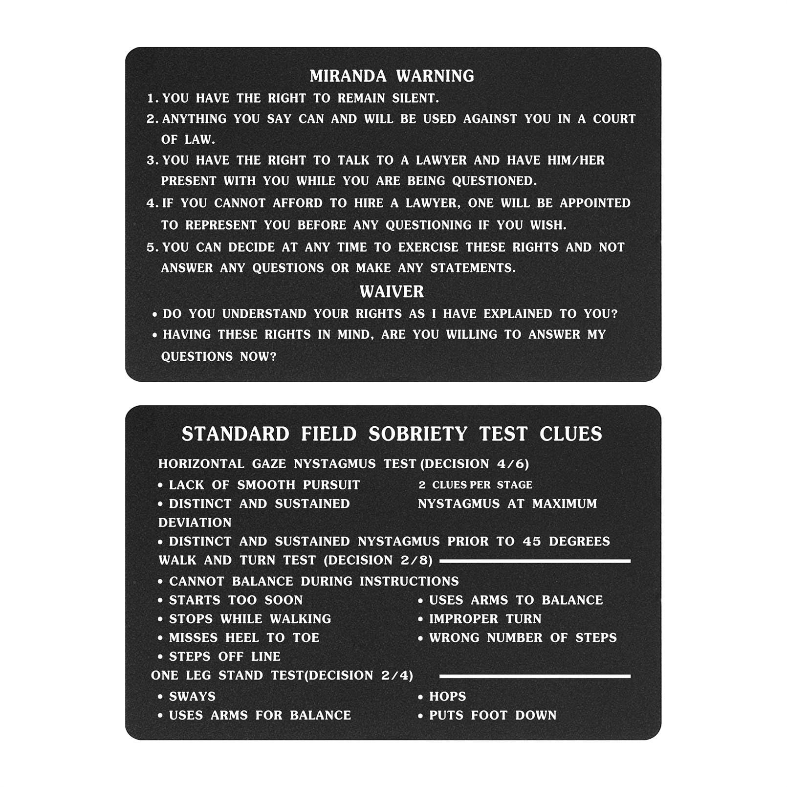 TGCNQ Miranda Warning Card - Miranda Rights Card Metal - Engraved Standard Field Sobriety Test Clues Card for Law Enforcement Officers