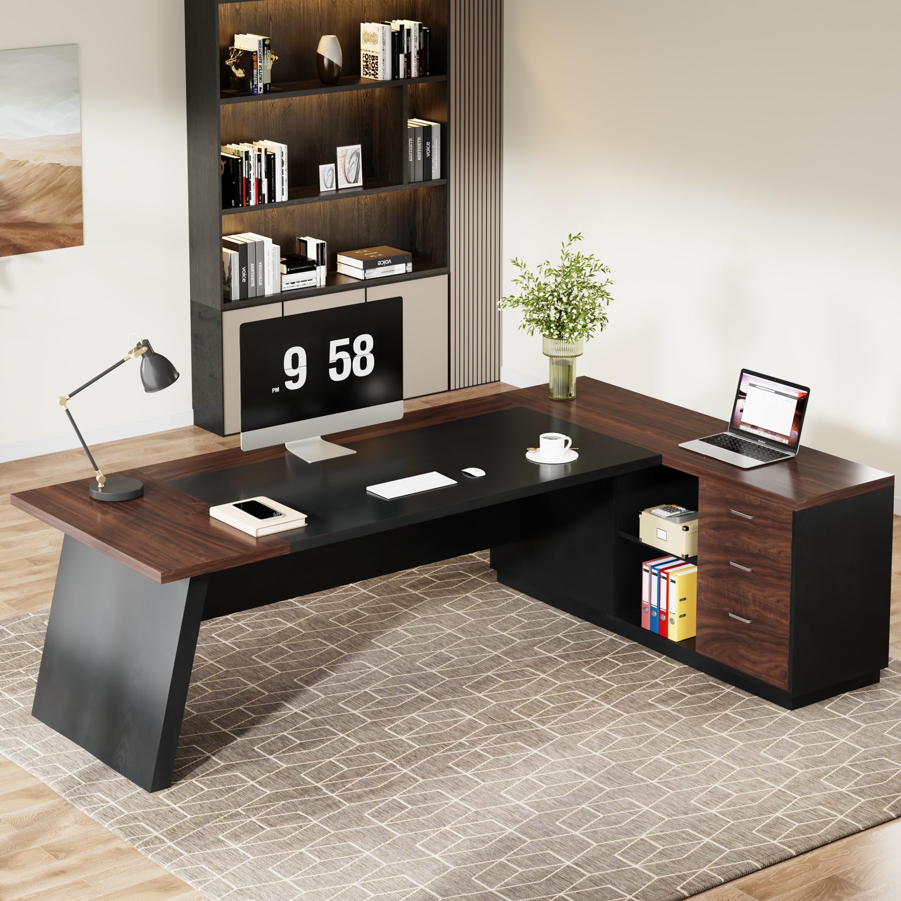 Tribesigns 78" L-Shaped Executive Desk, Large Office Desk with Drawers and Lateral File Cabinet, Business Furniture with Storage Shelves, Modern Computer Desk for Home Office, Walnut & Black