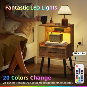 GYIIYUO Night Stand with Charging Station, Cute Bedside Table with Led Lights and Fabric Drawer, Unique Shape NightStand with Open Storage, Small End Table for Bedroom, Rustic Brown