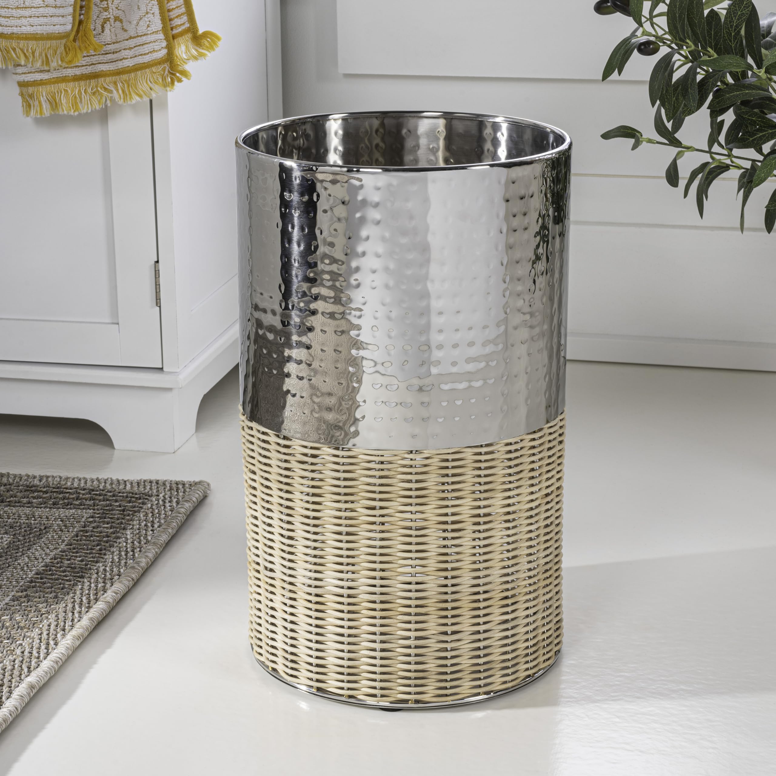 happimess HPM1102B Asher Modern 4.13-Gallon 2-Tone Natural Wicker/Metal Cylinder Waste Basket, Chrome/Natural for Home, Bathroom, Living Room, Office, Bedroom, Kitchen