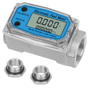 uwinvwin 1" 2.6-26 gpm inline npt thread flowmeter, digital turbine fuel flow meter, for water, diesel, gas oil, gasoline, and other liquids - supports gallon, qts, pts, l, m³ with 3/4 in adapters