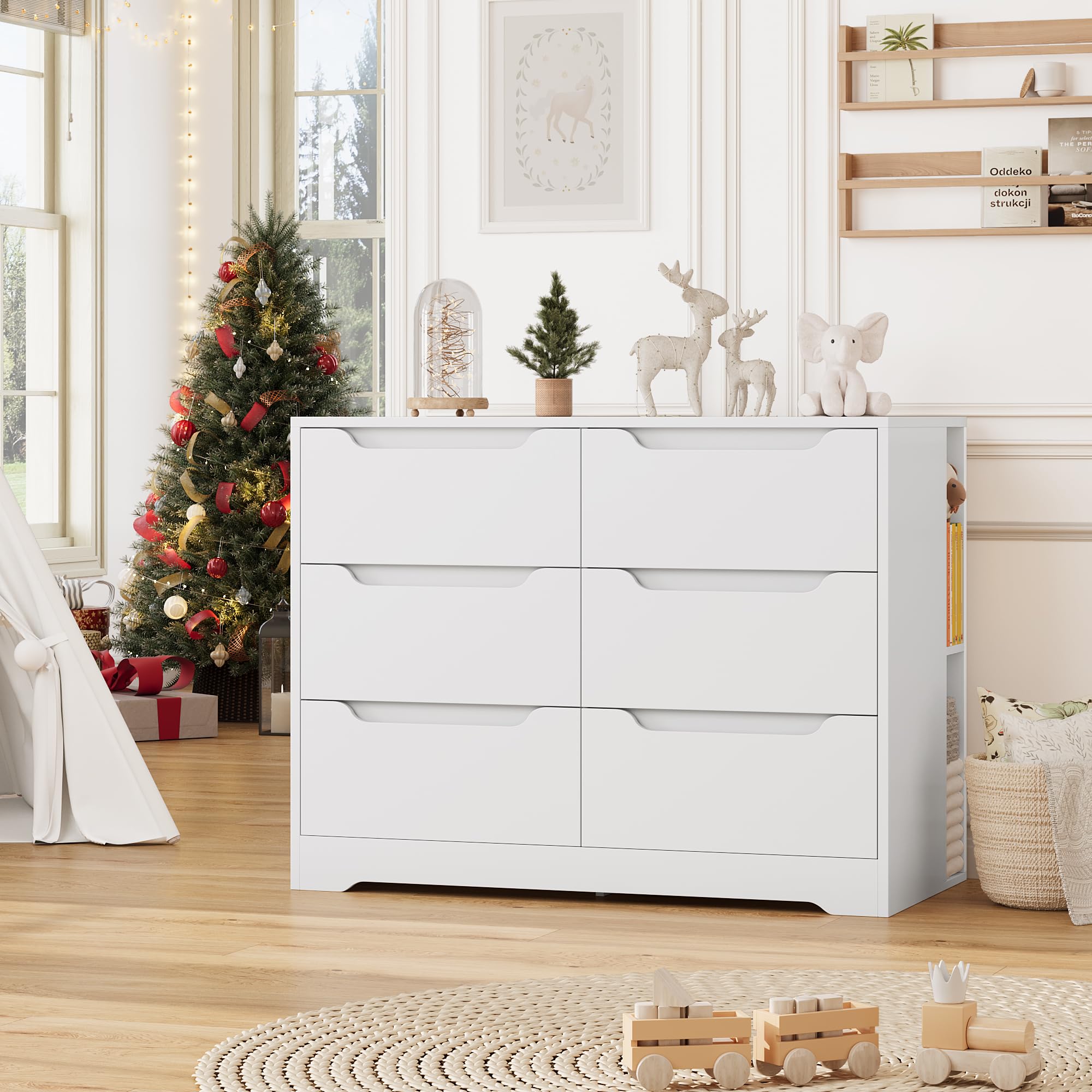 HOSTACK 6 Drawer Dresser, White Dresser with 4 Cubbies, Wood Chest of Drawers with Cut-Out Handles, Modern Storage Chest with 20" Deep Tabletop for Living Room, Hallway, Entryway