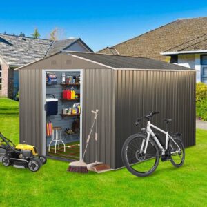 morflys 8x10ft outdoor metal storage shed large garden tool metal shed with sloping roof and double lockable door, outdoor shed for backyard garden patio lawn, brown