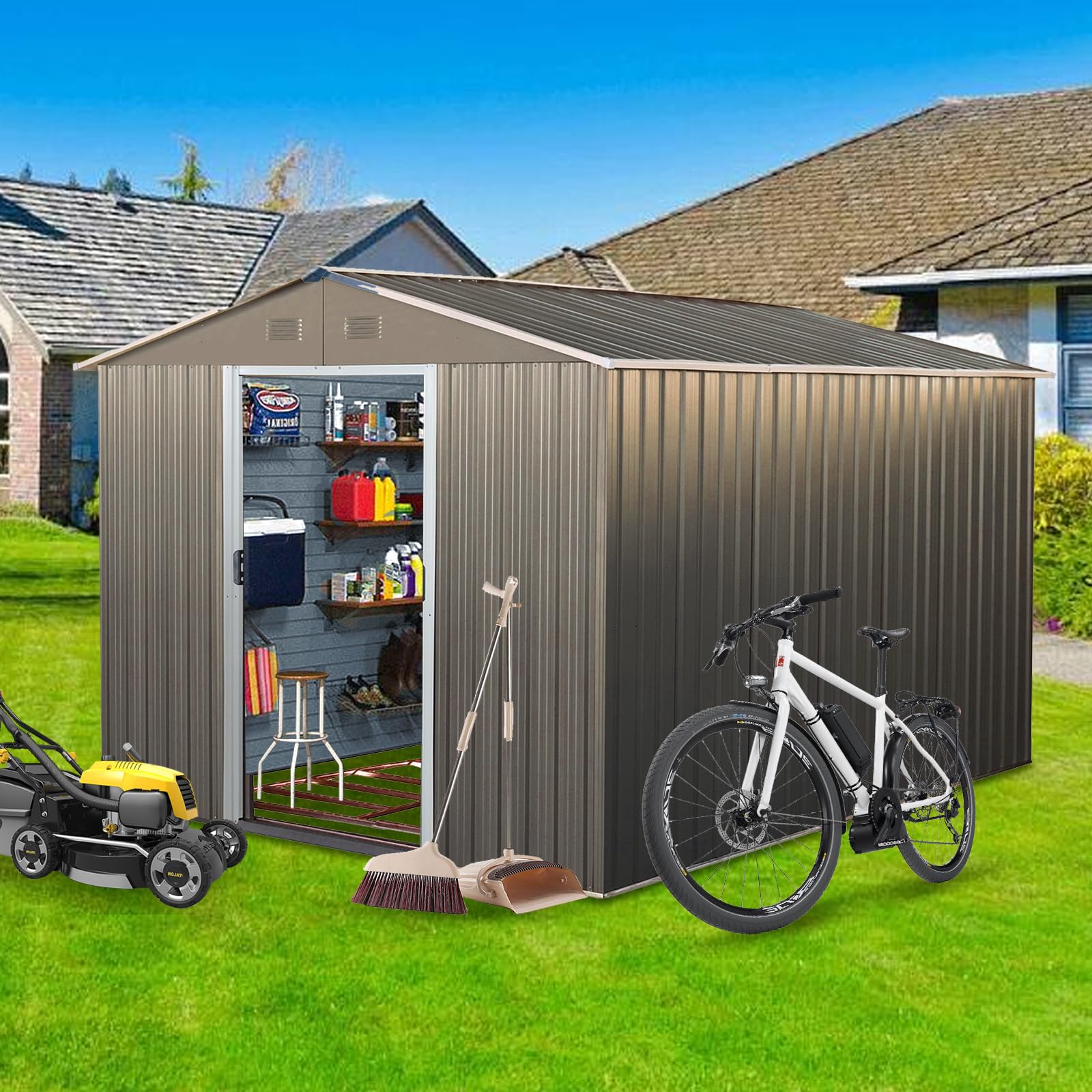 Morflys 8x10ft Outdoor Metal Storage Shed Large Garden Tool Metal Shed with Sloping Roof and Double Lockable Door, Outdoor Shed for Backyard Garden Patio Lawn, Brown