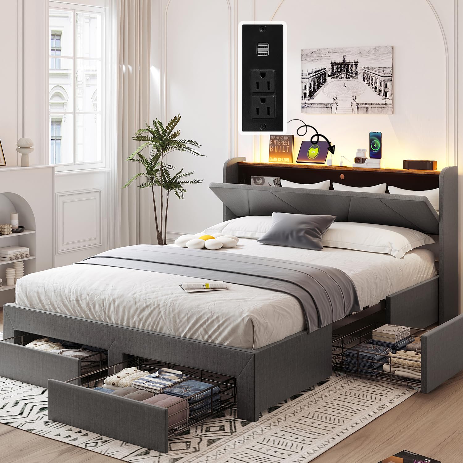 VOWNER Queen Bed Frame with Storage Headboard & 4 Drawers, LED Upholstered Bed Frame with Charging Station, Wood Slats Support No Box Spring Needed, Dark Grey