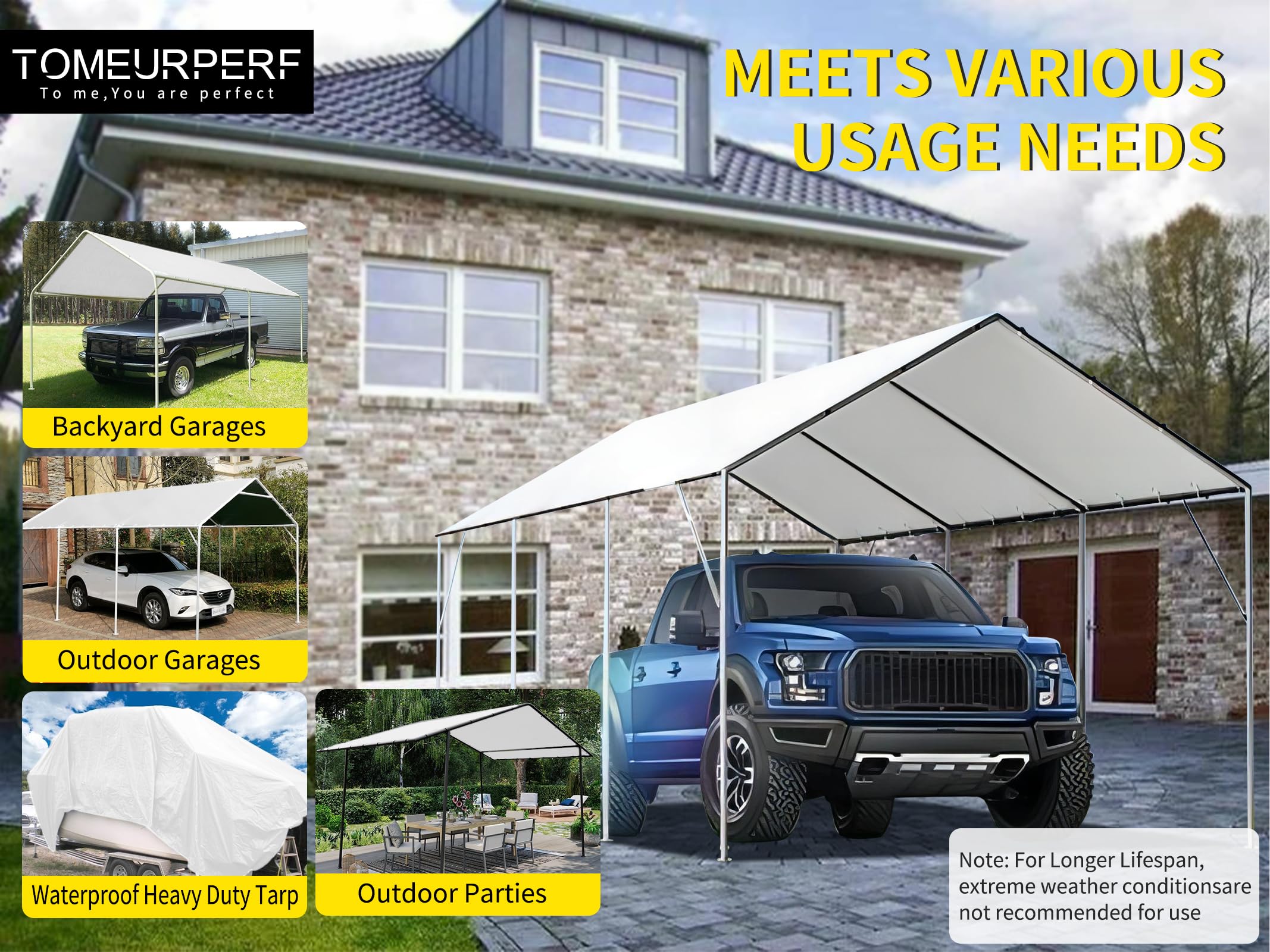 12x20 Ft Carport Canopy Replacement Cover for Canopy Tent Car Tent Garage Shelter Top Tarp White Portable Carport with 120lbs Tensile Strength Ties (Only Top Cover, Frame is not Included)