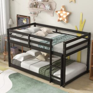 vilrocaz twin over twin floor bunk bed, solid wood low bunk bed frame with built-in ladder for kids teens boys girls, strong wood slats support (espresso-k3)