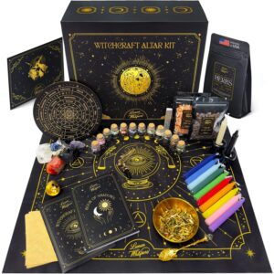 large witchcraft kit 70 pcs - premium witch kit for beginners - wiccan supplies and tools - altar supplies, crystals, gemstones, herbs, spell candles