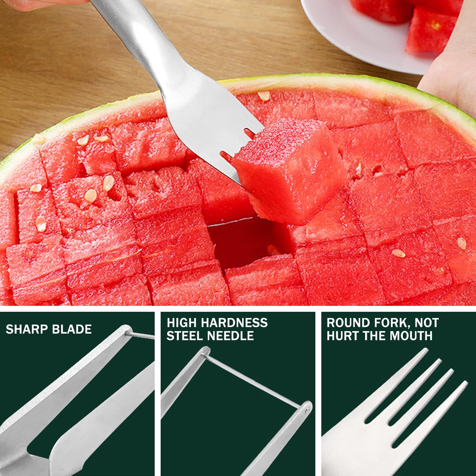 2-in-1 Stainless Steel Fruit Cutter, 2024 New Watermelon Slicer Cutter Summer Watermelon Fruit Cutting Fork, Stainless Steel Fruit Forks Slicer Knife for Home Kitchen Gadget (1)