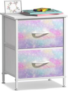 sorbus kids dresser with 2 drawers - storage chest organizer nightstand - steel frame, wood top, tie-dye fabric bins for clothes - wide furniture for bedroom, hallway, nursery, closet, & apartment