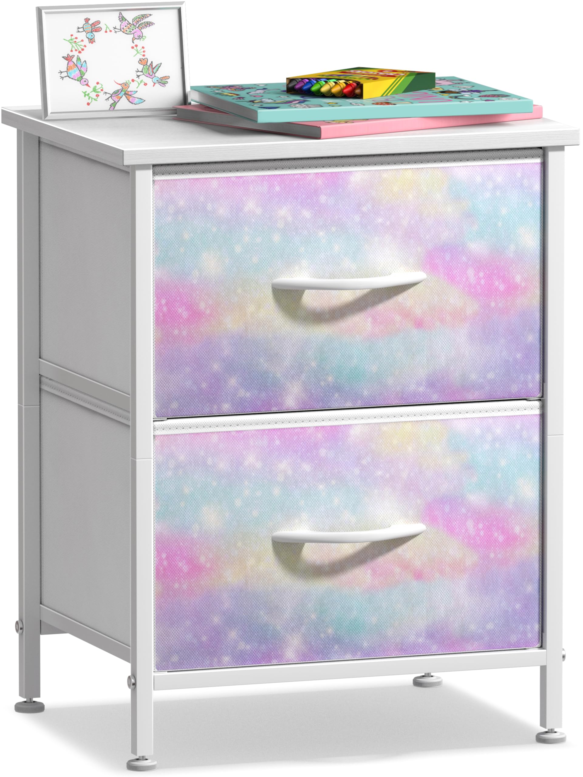 Sorbus Kids Dresser with 2 Drawers - Storage Chest Organizer Nightstand - Steel Frame, Wood Top, Tie-Dye Fabric Bins for Clothes - Wide Furniture for Bedroom, Hallway, Nursery, Closet, & Apartment