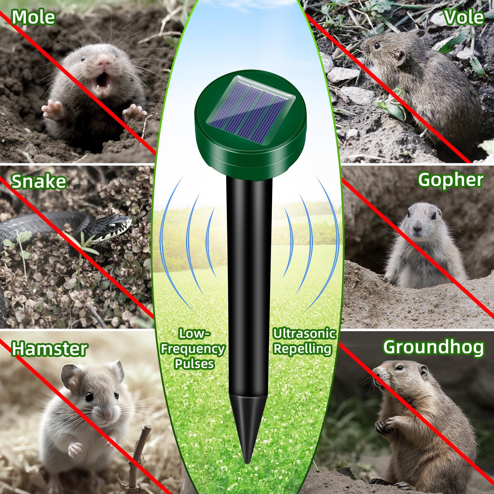 8 Pcs Solar Mole Repellent Spikes 2024 Ultrasonic Animal Repellent Outdoor Waterproof Solar Sonic Burrowing Mole Deterrent Stake to Repel Groundhog Mole Vole Armadillo Gopher Snake for Yard Lawn