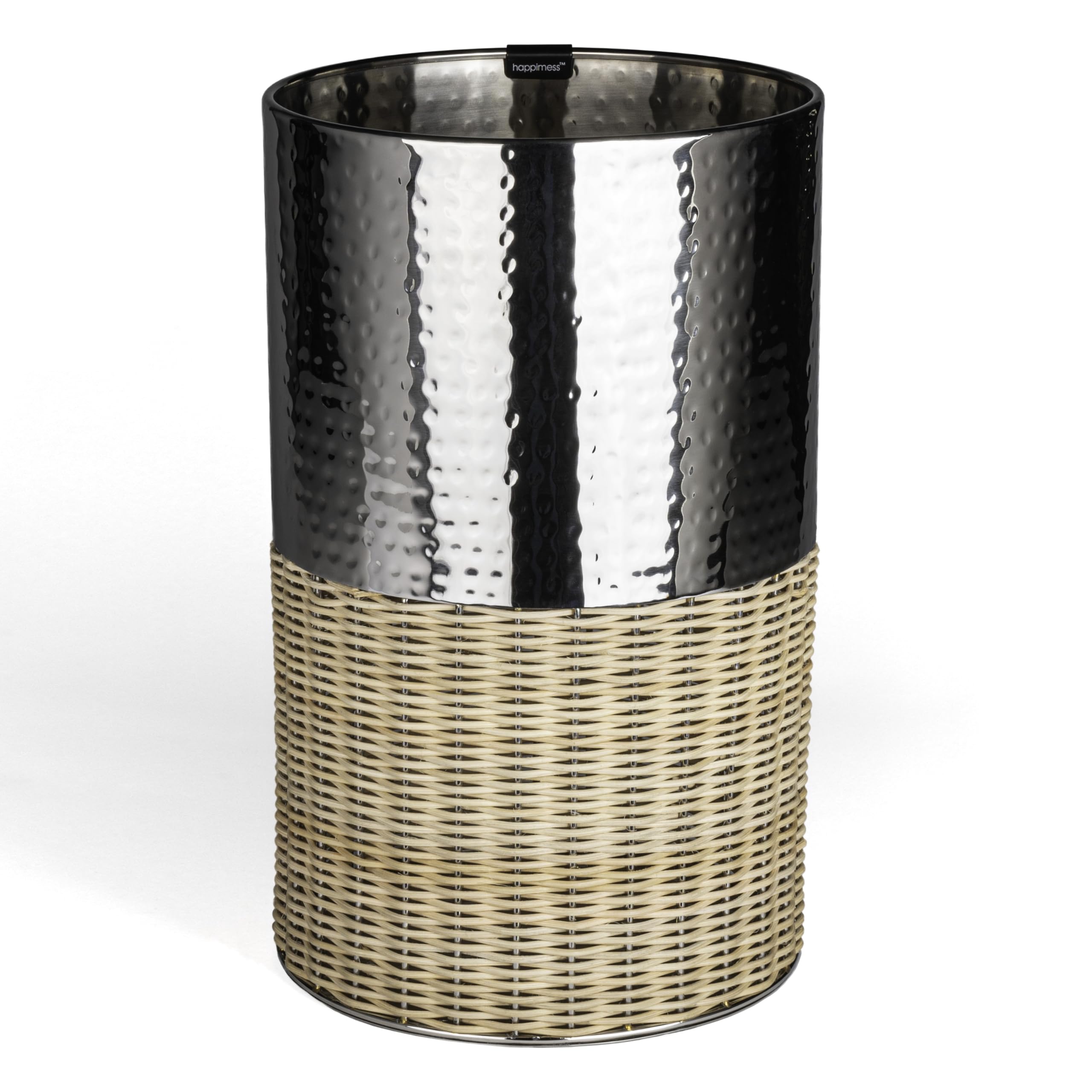 happimess HPM1102B Asher Modern 4.13-Gallon 2-Tone Natural Wicker/Metal Cylinder Waste Basket, Chrome/Natural for Home, Bathroom, Living Room, Office, Bedroom, Kitchen