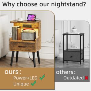 GYIIYUO Night Stand with Charging Station, Cute Bedside Table with Led Lights and Fabric Drawer, Unique Shape NightStand with Open Storage, Small End Table for Bedroom, Rustic Brown